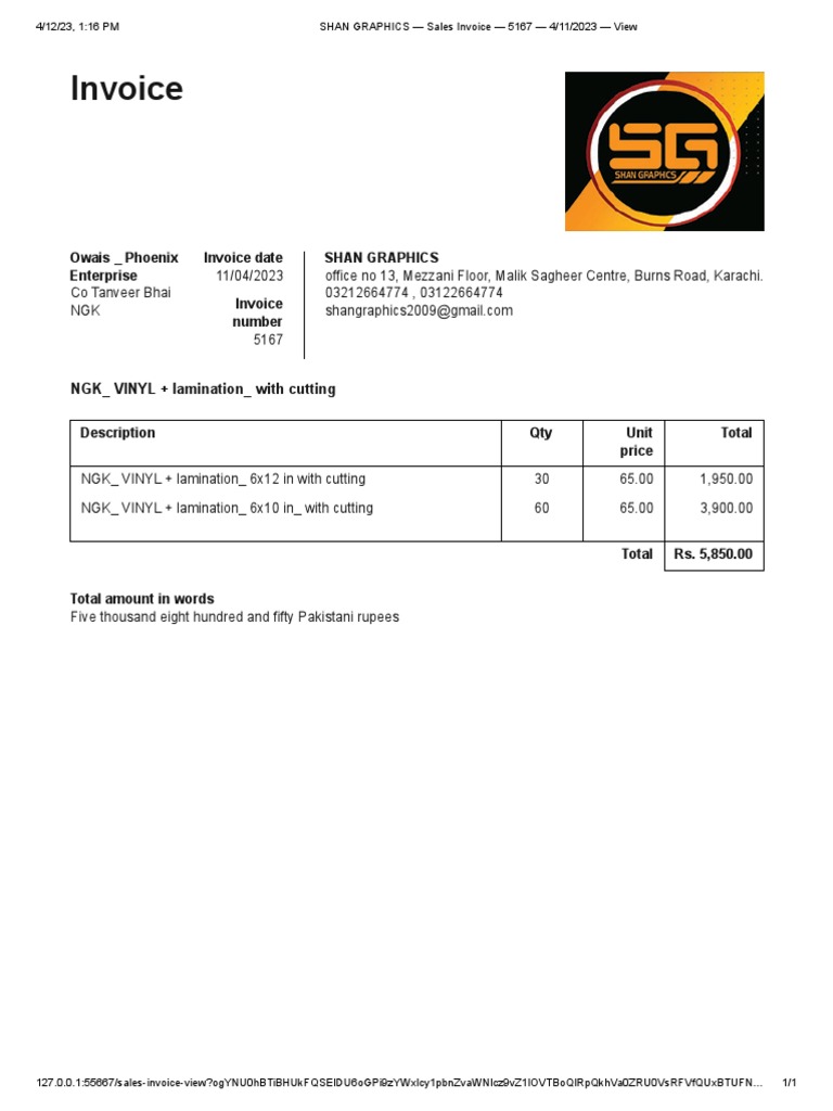 Shan Graphics Sales Invoice 5167 | PDF