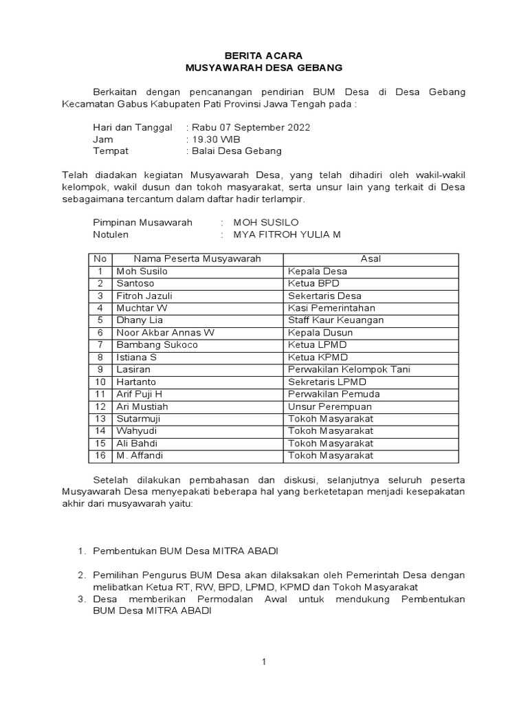 001 Ba Musdes Pembentukan Bumdes 2022 | PDF