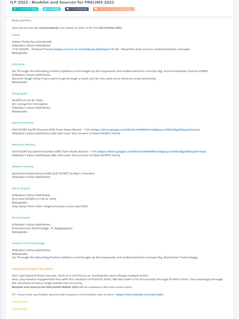 ILP Booklist and Sources For PRELIMS 2022 PDF | PDF