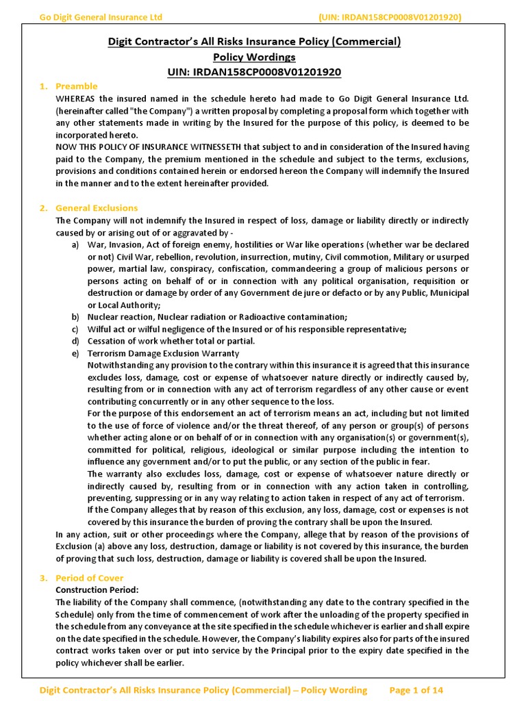 Digit Contractor's All Risks Insurance Policy | PDF | Insurance | Indemnity