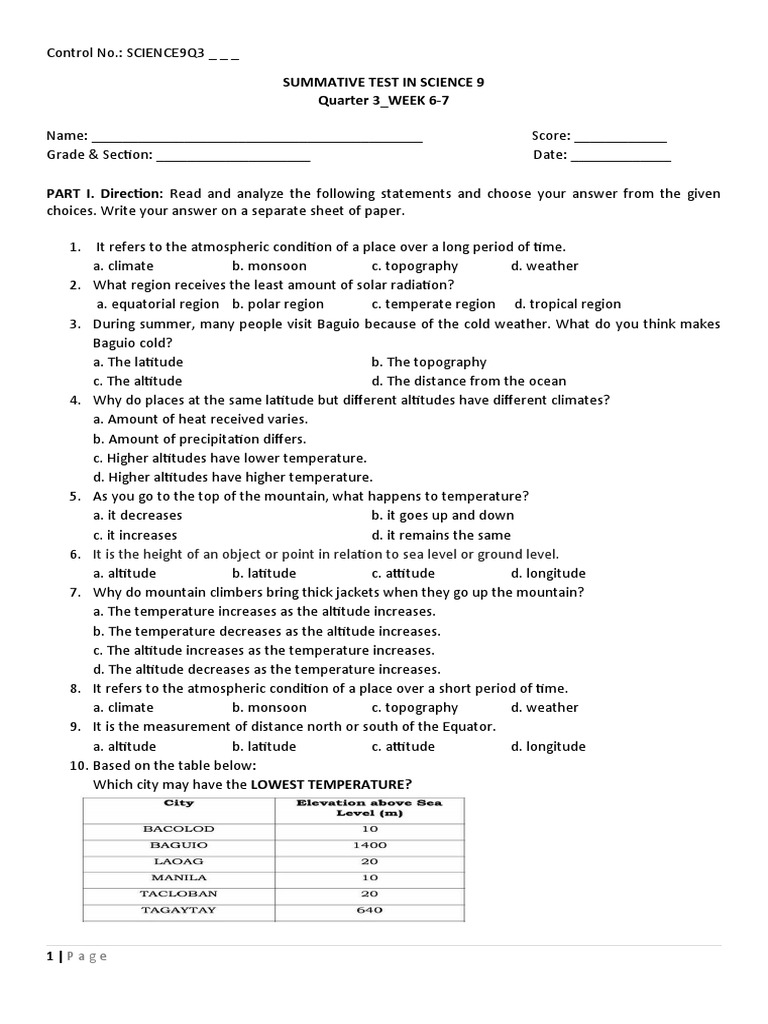 Summative Test - Science9 | PDF