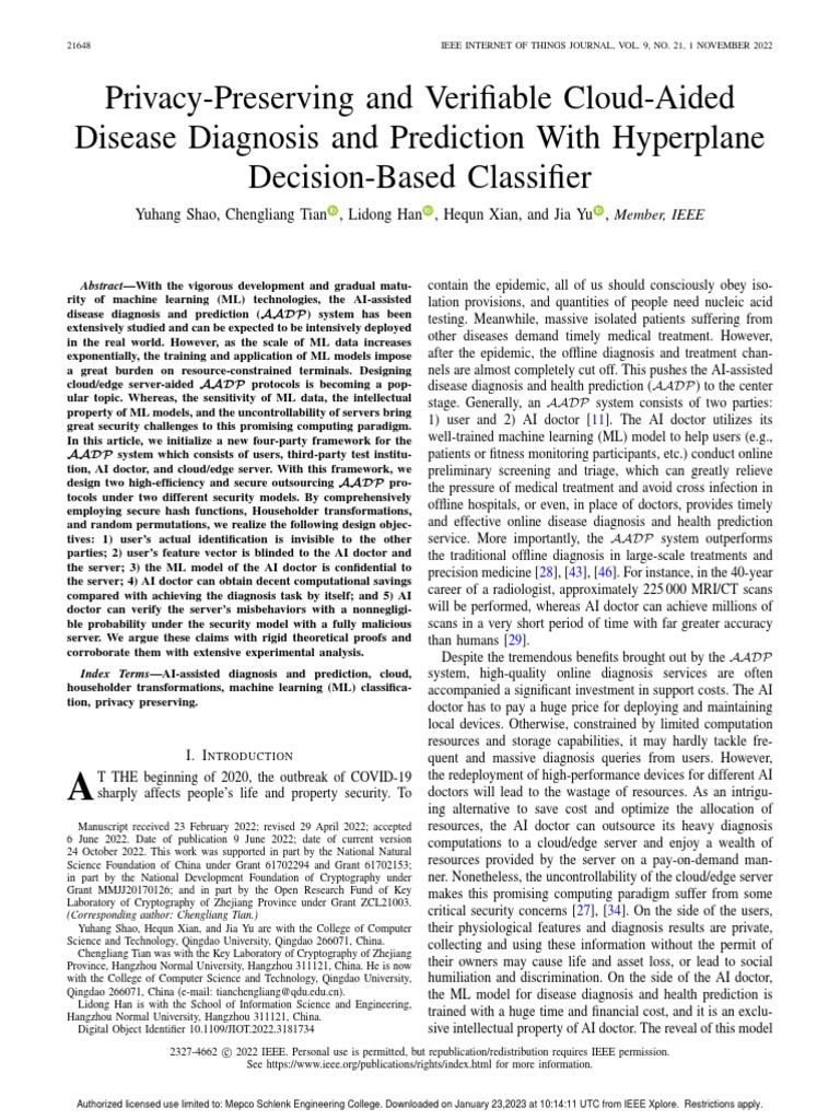 Privacy-Preserving and Verifiable Cloud-Aided Disease Diagnosis and Prediction With Hyperplane ...