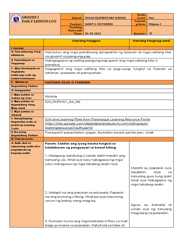 Lesson Plan (FILIPINO Q4 W6) | PDF