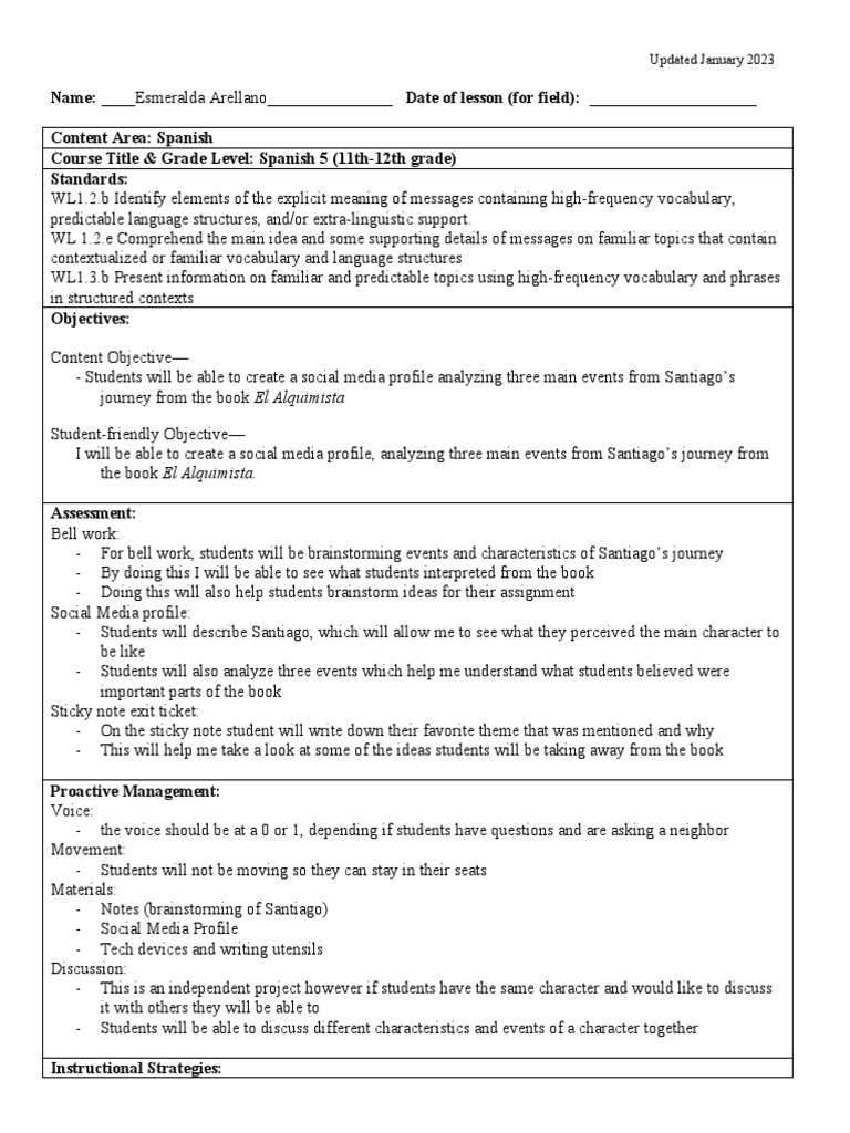 Spanish 5 Lesson Plan: El Alquimista | PDF