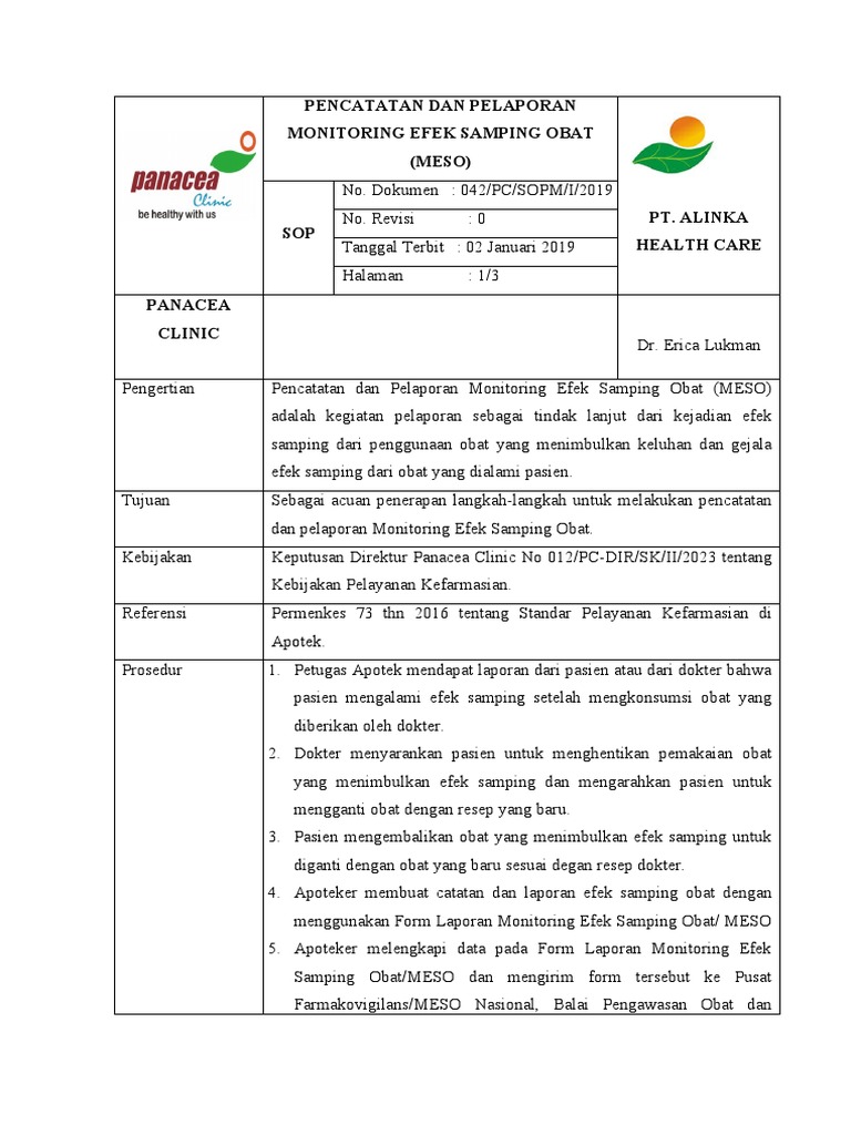 3.15.11.1 Sop Pencatatan Dan Pelaporan Monitoring Efek Samping Obat ...