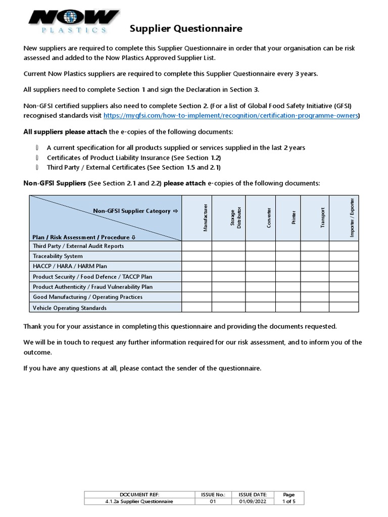 4.1.2a Supplier Questionnaire Template PDF | PDF