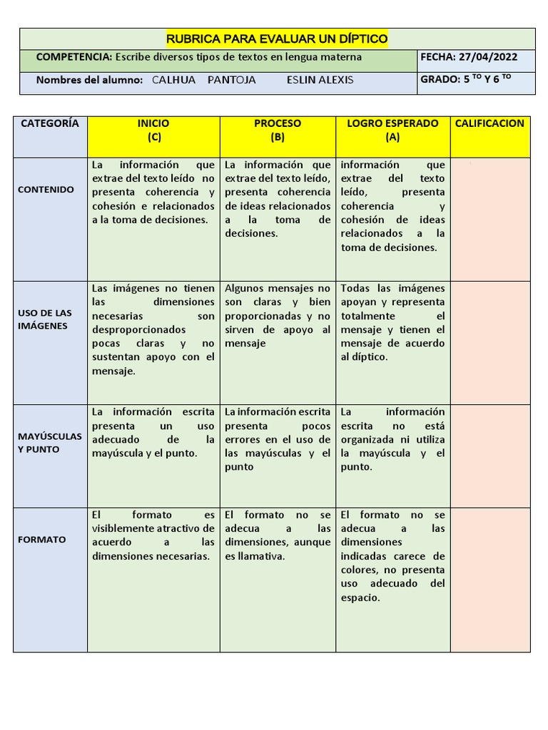 Rubrica para evaluar un díptico HOY.pdf | PDF