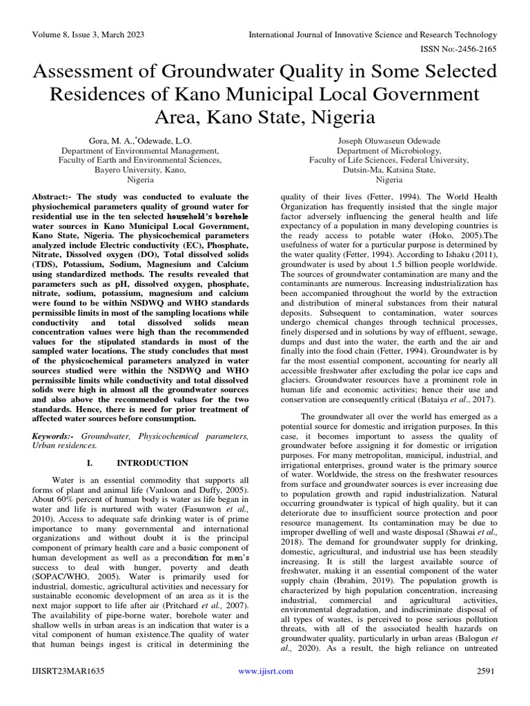 Assessment of Groundwater Quality in Some Selected Residences of Kano ...
