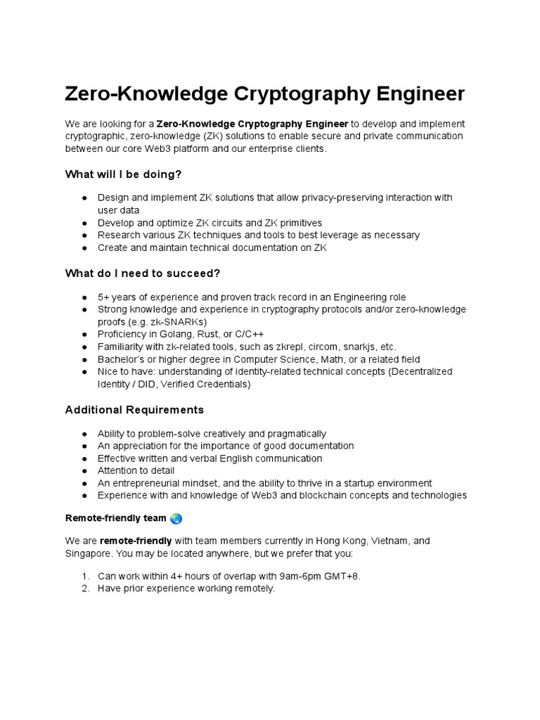 JD For Zero-Knowledge Cryptography Engineer PDF | PDF