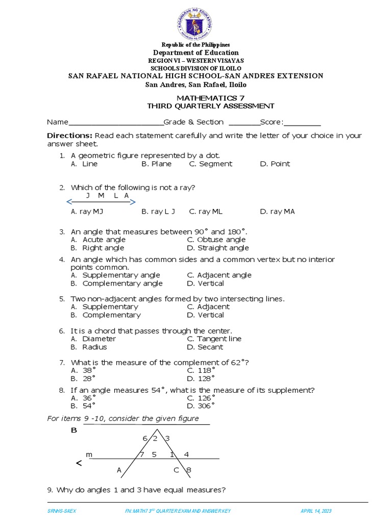 Math 7 3rd Quarter Exam and Answer Key and TOS | PDF