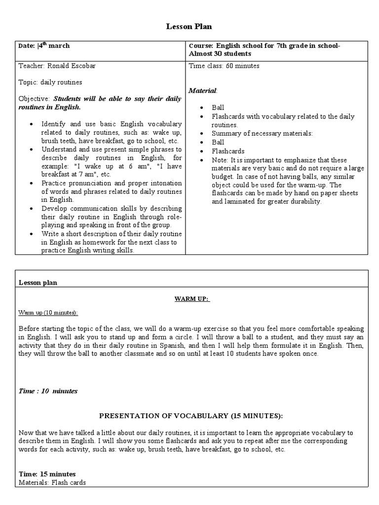 7th Grade English: Daily Routines | PDF