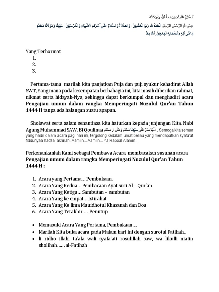 Teks MC Pengajian Nuzulul Qur'an PDF | PDF