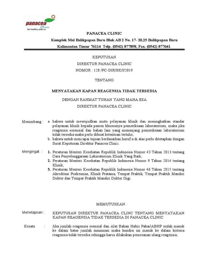 Ketersediaan Reagensia di Klinik Panacea | PDF