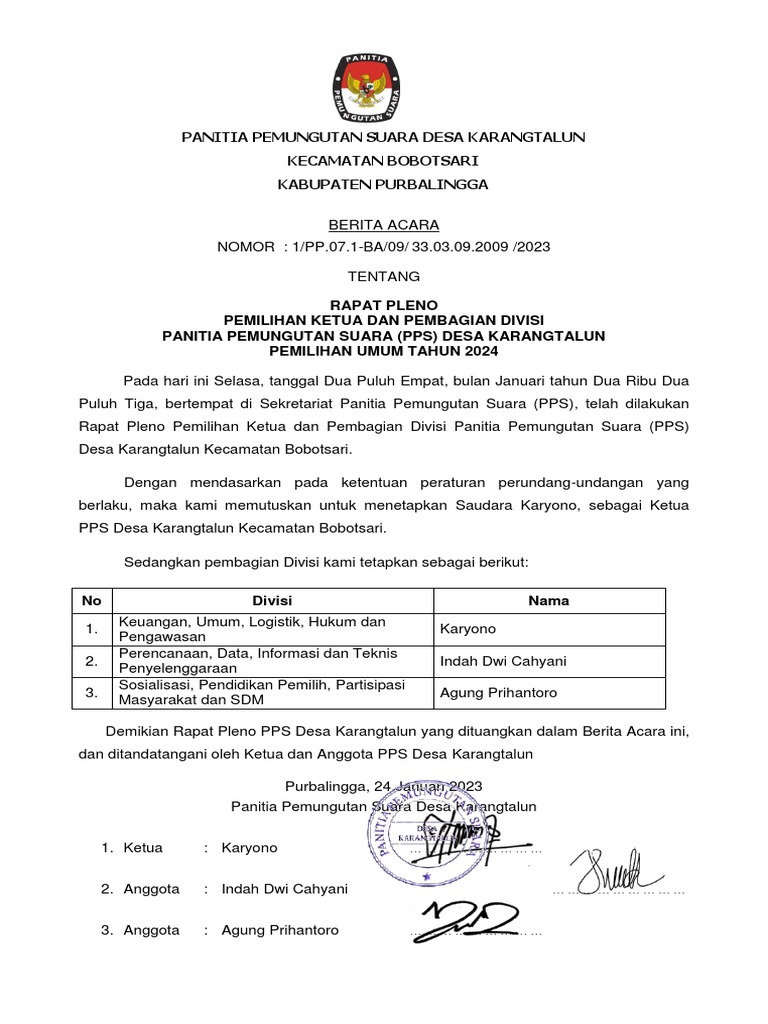 1 Tempelate - Berita Acara Pembagian Divisi Di PPS PDF | PDF