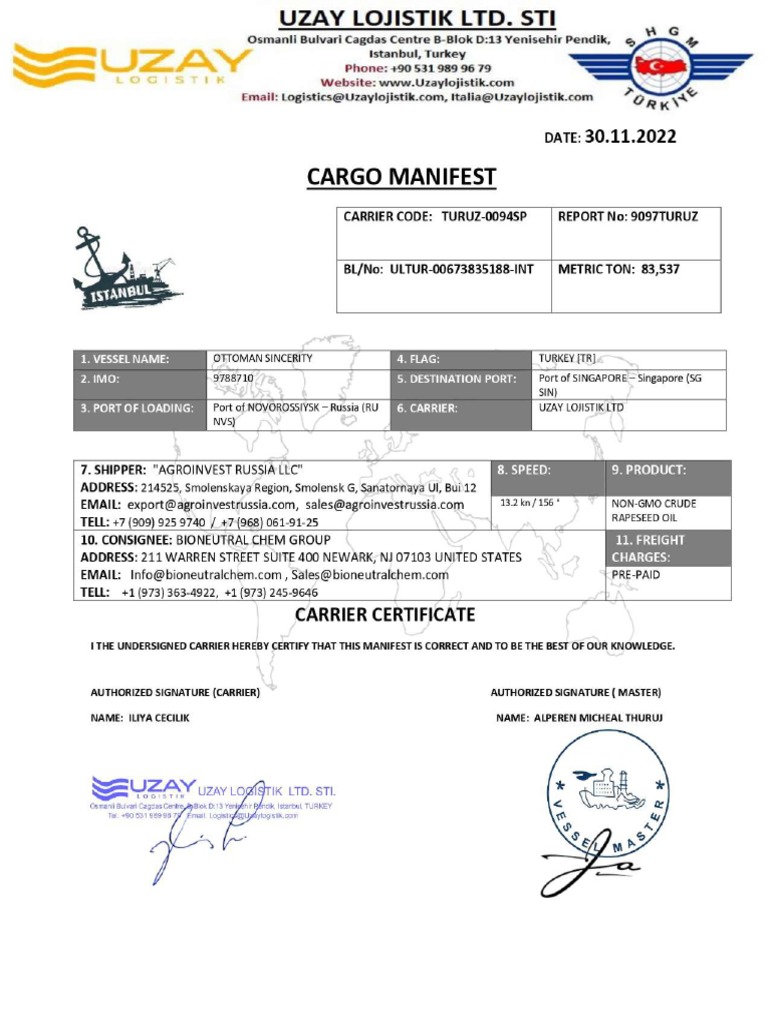 Cargo Manifest PDF | PDF