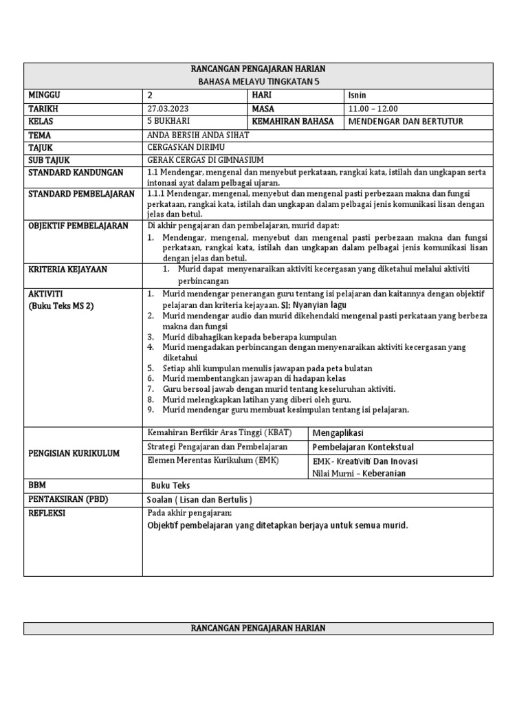 Bahasa Melayu Tingkatan 5 2 Isnin Mendengar Dan Bertutur | PDF