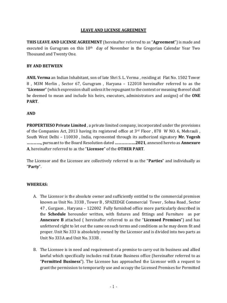 DRAFT - LEAVE AND LICENSE AGREEMENT 11 Months - Propertieso - PVT - LTD ...