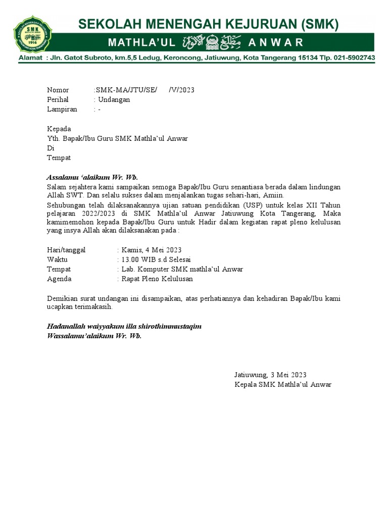 Surat Undangan Rapat Pleno Kelulusan 2023 | PDF