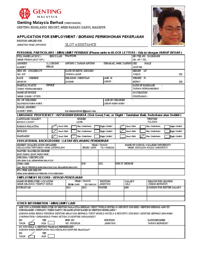 Application For Employment | PDF | Malaysia | Qualifications