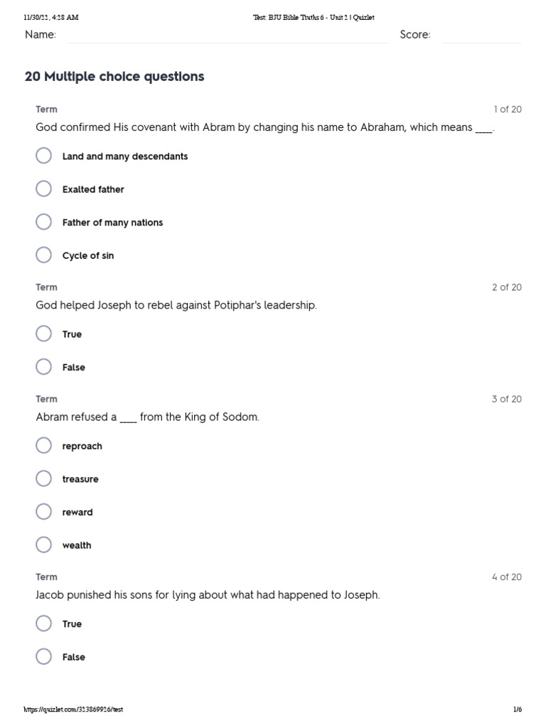 BJU Bible Truths 6 Unit 2 Quiz | PDF