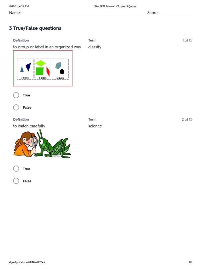 Test - BJU Science 2 Chapter 1 - Quizlet | PDF | Science | Experiment