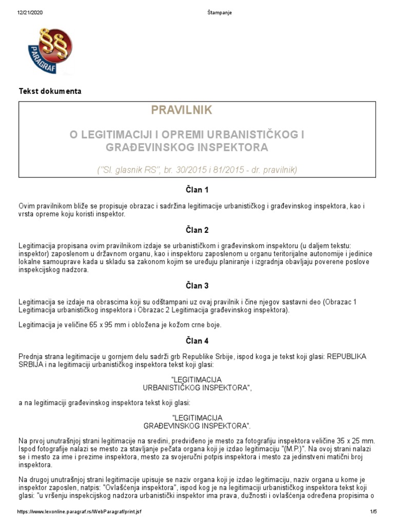 Pravilnik o Legitimaciji I Opremi Urbanistickog I Gradjevinskog Inspektora - 0 PDF | PDF