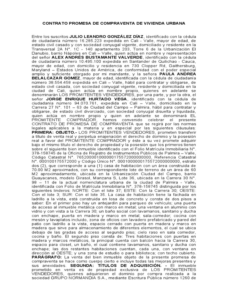 Contrato Promesa de Compraventa de Inmueble Urbano | PDF