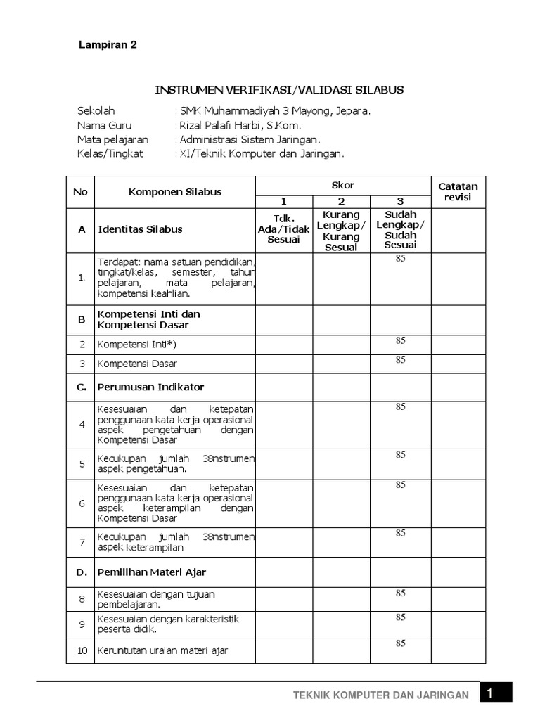 TKJ-SILABUS-INSTRUMEN - Administrasi Sistem Jaringan XI - Rizal Palafi Harbi | PDF
