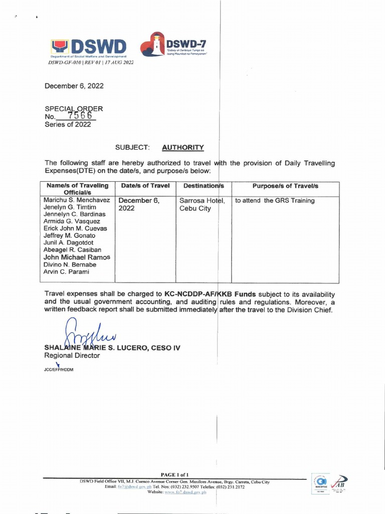 DSWD-7: Authority | PDF