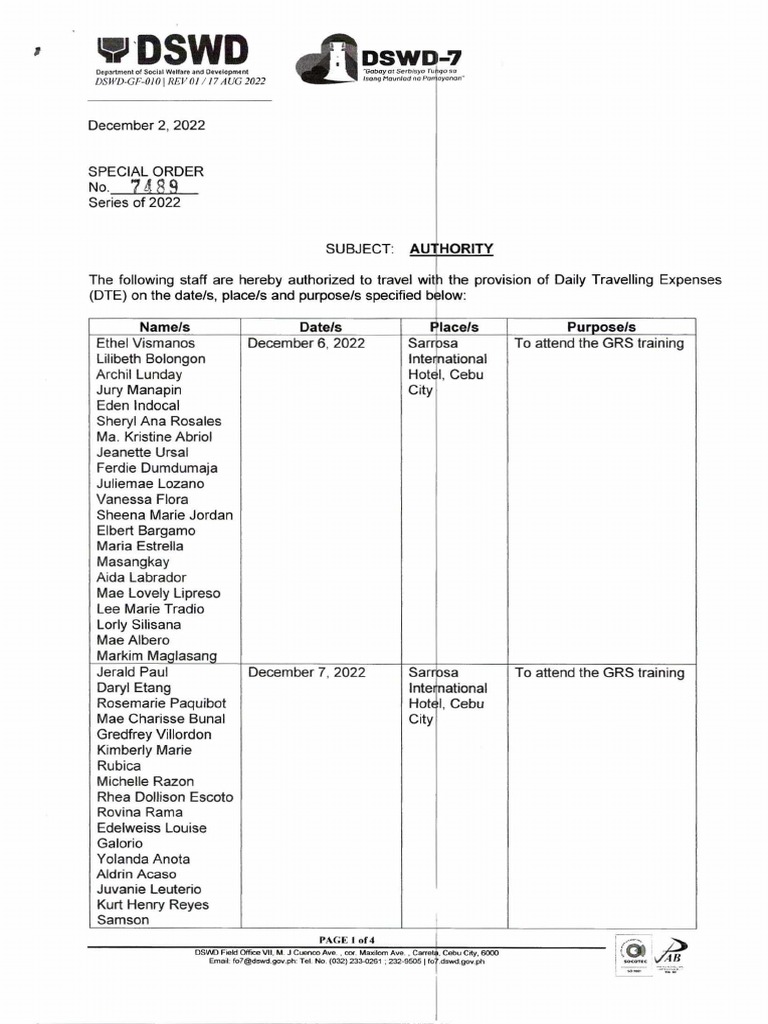 DSWD Special Order for GRS Training | PDF