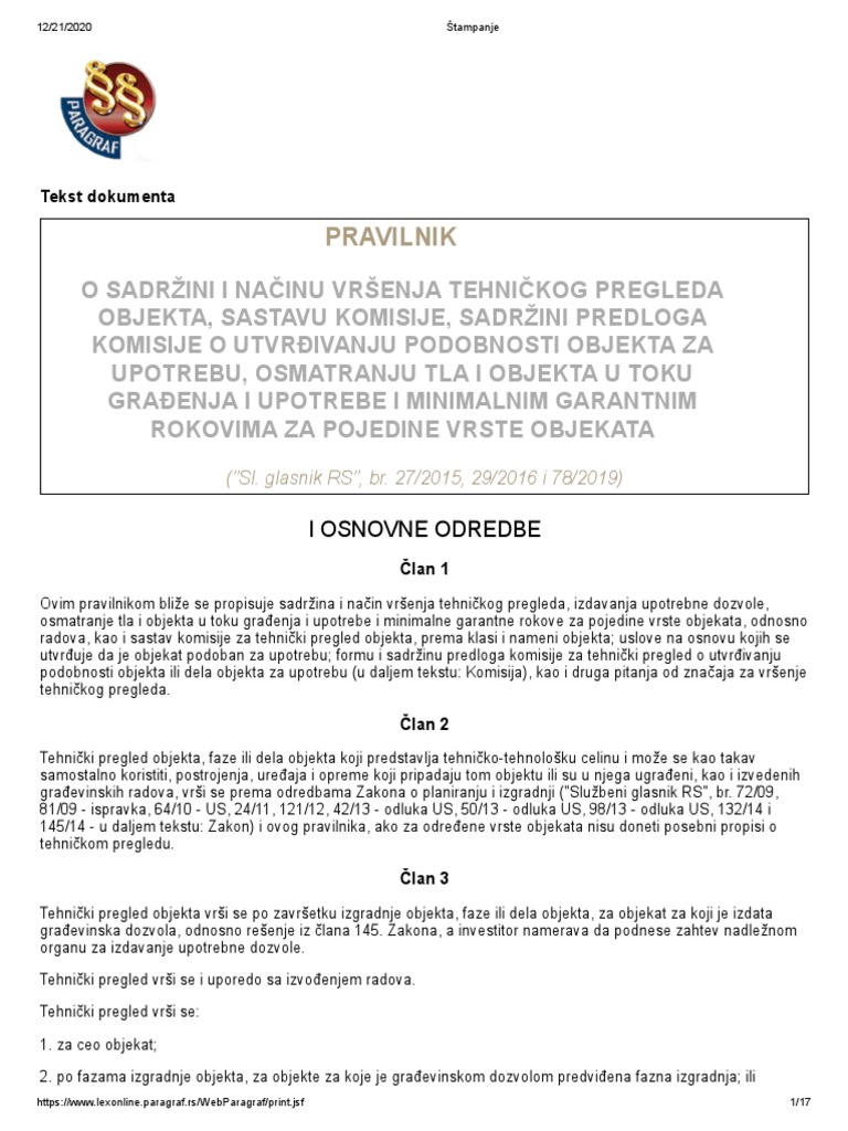 Pravilnik o Sadrzini I Nacinu Vrsenja Tehnickog Pregleda Objekta - 1 | PDF