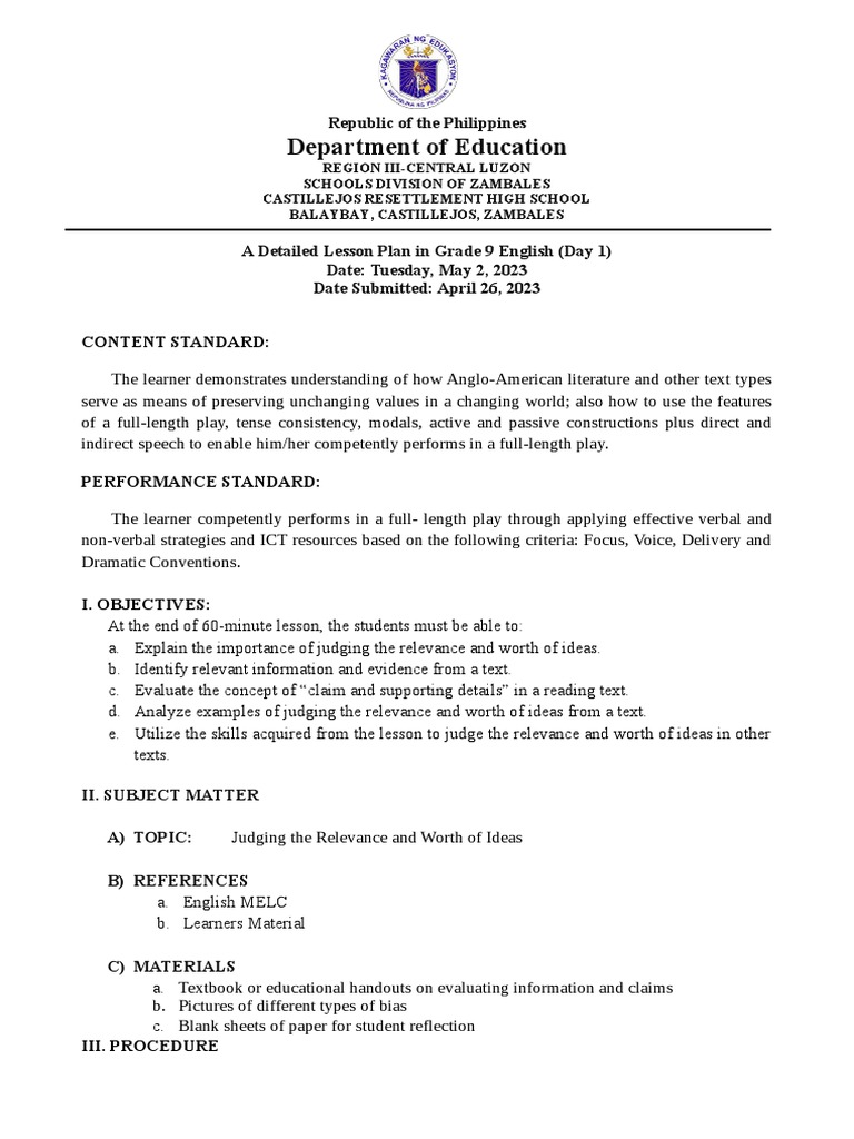 Q4 English 9 Week 1 Day 1 | PDF | Idea | Credibility