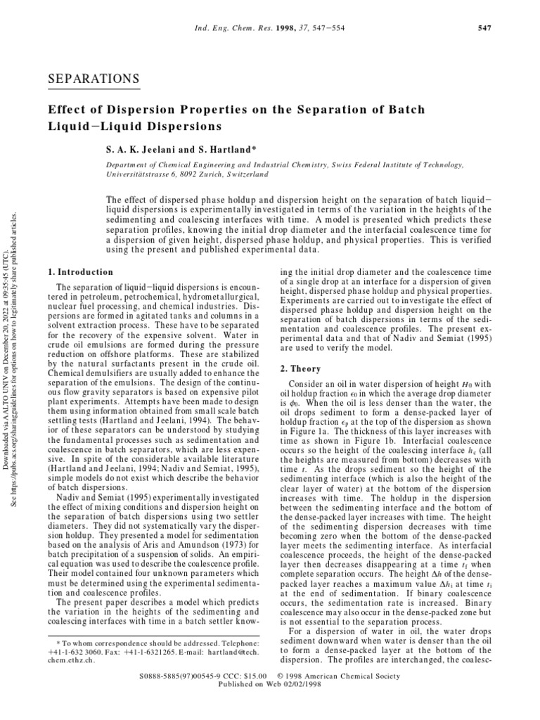Article 1998 Effect of Dispersion Properties On The Separation of Batch Liquid Liquid ...