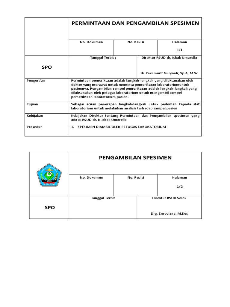 SPO PENANGANAN Dan Pengamblan SPESIMEN | PDF