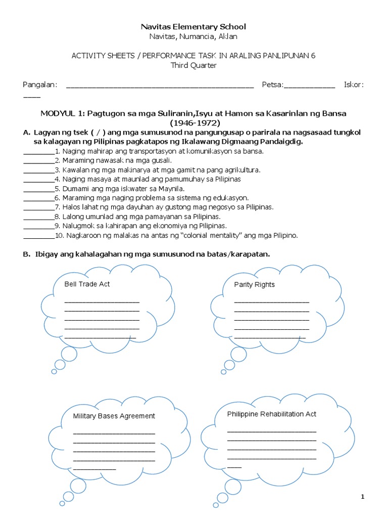 Araling Panlipunan 6-Performance Tasks-Q3 | PDF