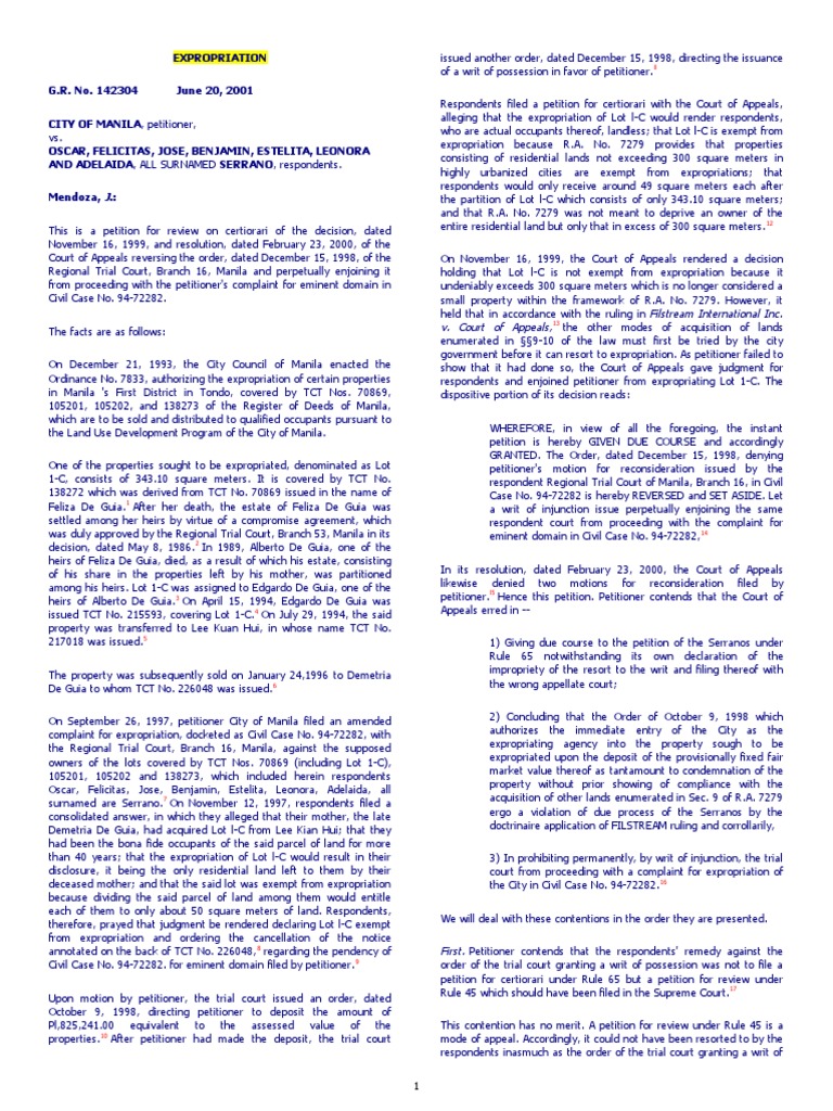 Expropriation Case: City of Manila vs. Serrano | PDF
