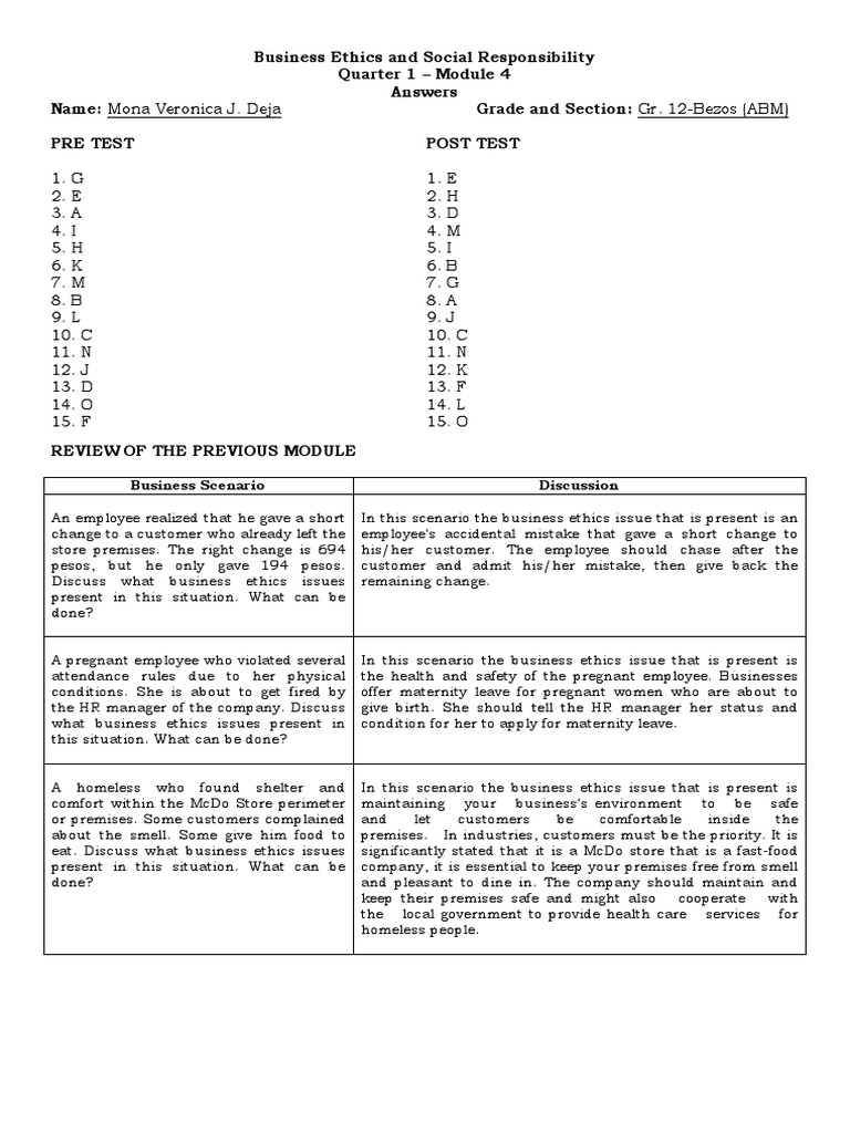 Business Ethics Scenarios and Solutions | PDF