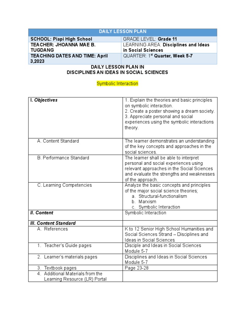 Symbolic Interactionism Lesson Plan | PDF