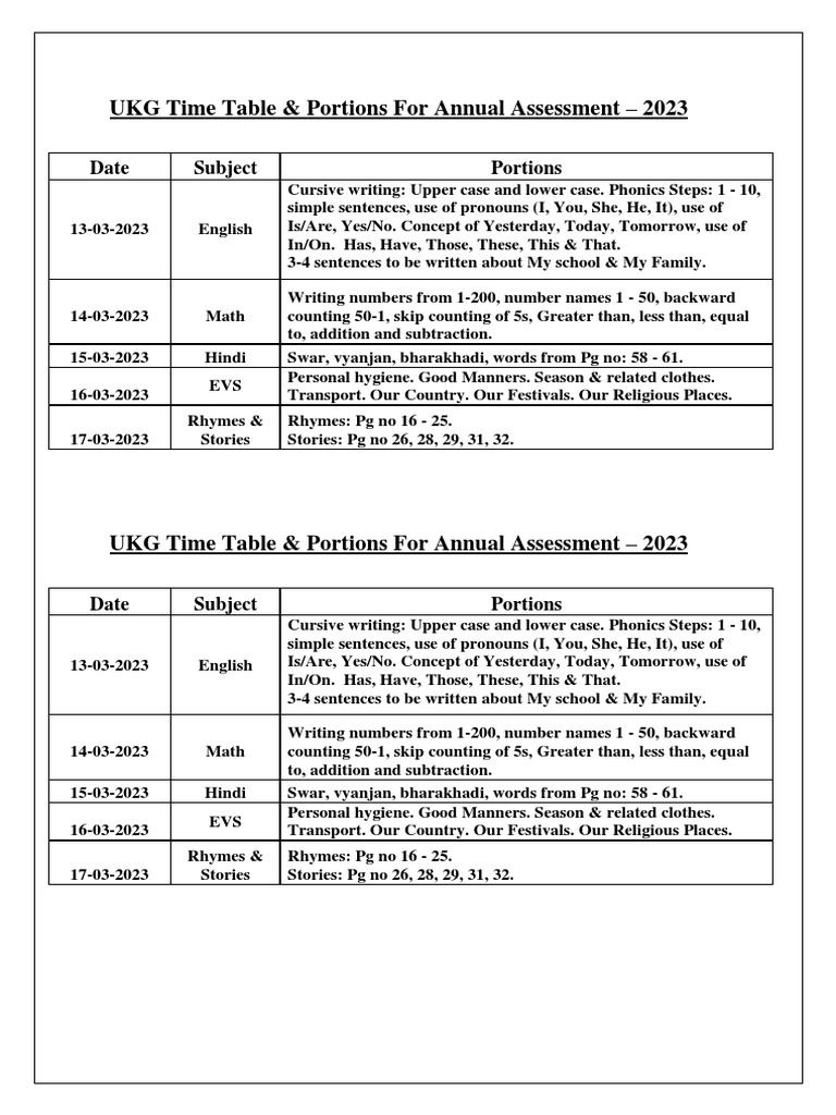 UKG Time Table for 2023 Assessment | PDF
