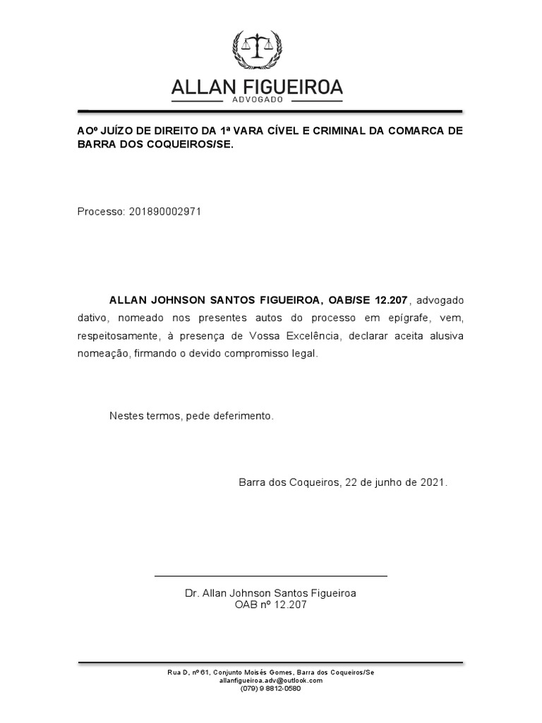 Aceitação de Nomeação de Advogado Dativo | PDF
