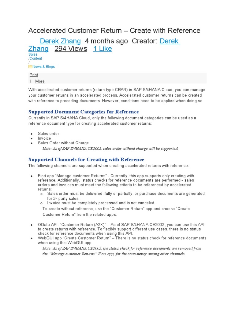 Accelerated Customer Returns in SAP S/4HANA | PDF