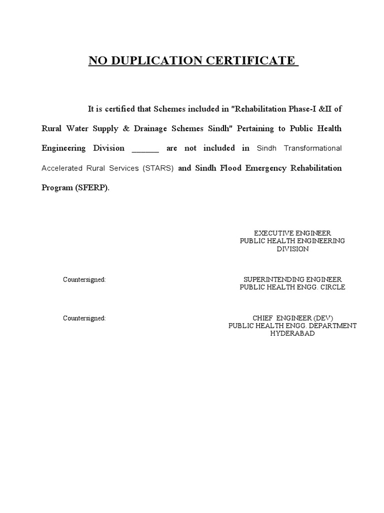 No duplication certificate for rural water supply schemes | PDF