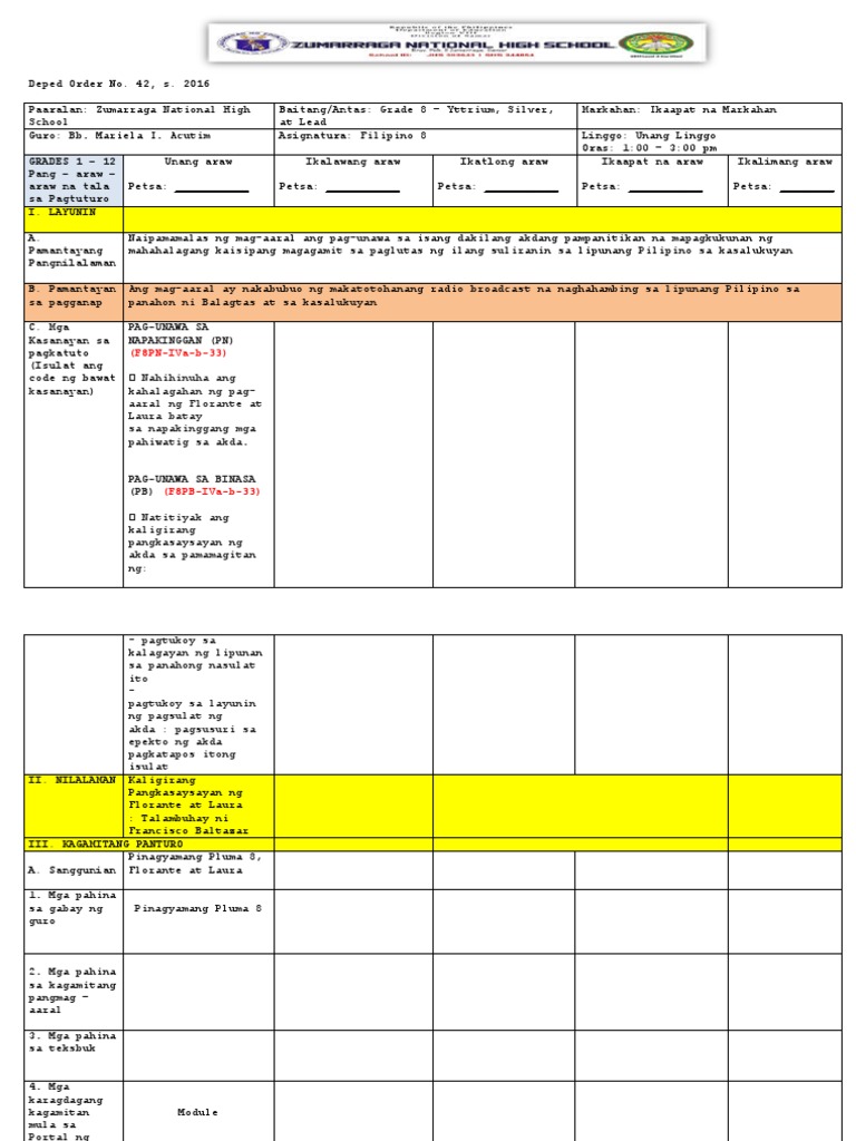 Q4 DLL Fil 8 (Unang Linggo) To Print | PDF