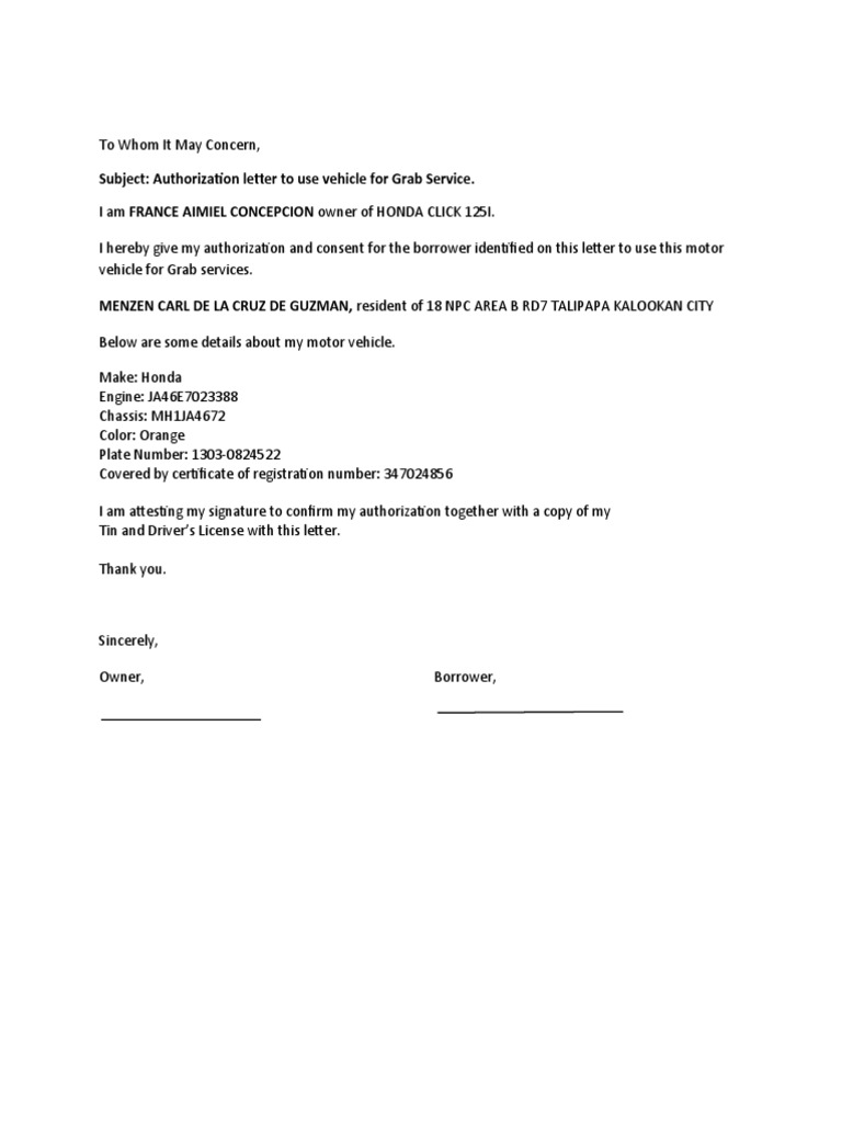 Grab Authorization Letter | PDF