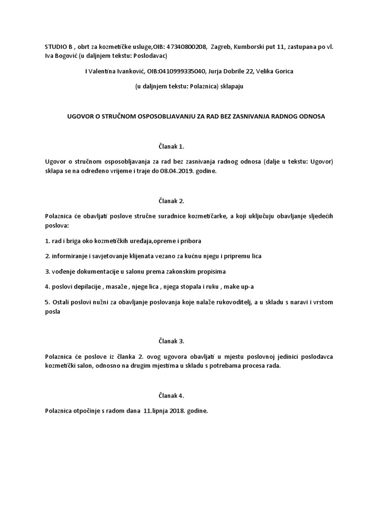 Ugovor o Stručnom Osposobljavanju | PDF