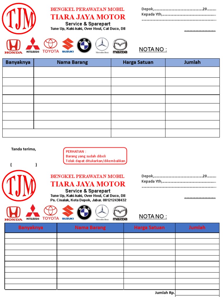Nota Service dan Sparepart Mobil | PDF
