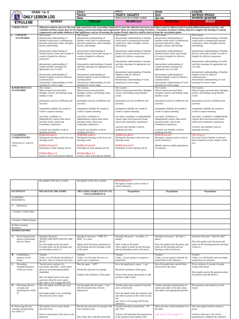 DLL English Week 34 Quarter 4 Grade 1 Olive | PDF