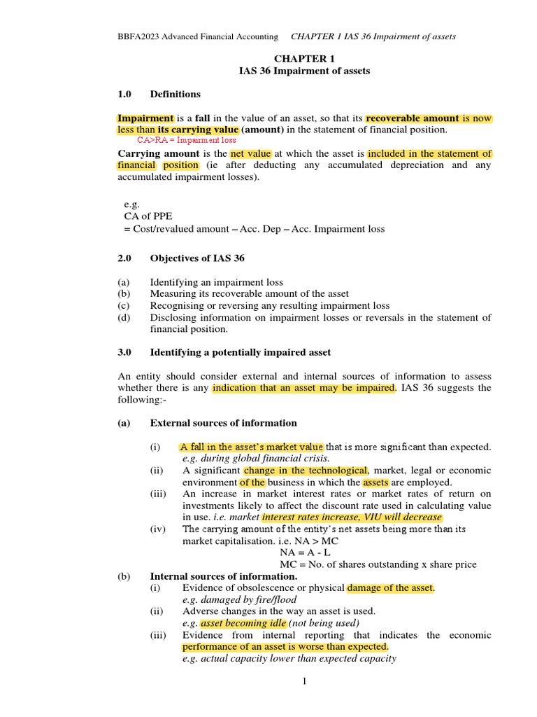 Chapter 1 IAS 36 Impairment of Assets PDF | PDF | Fair Value | Depreciation