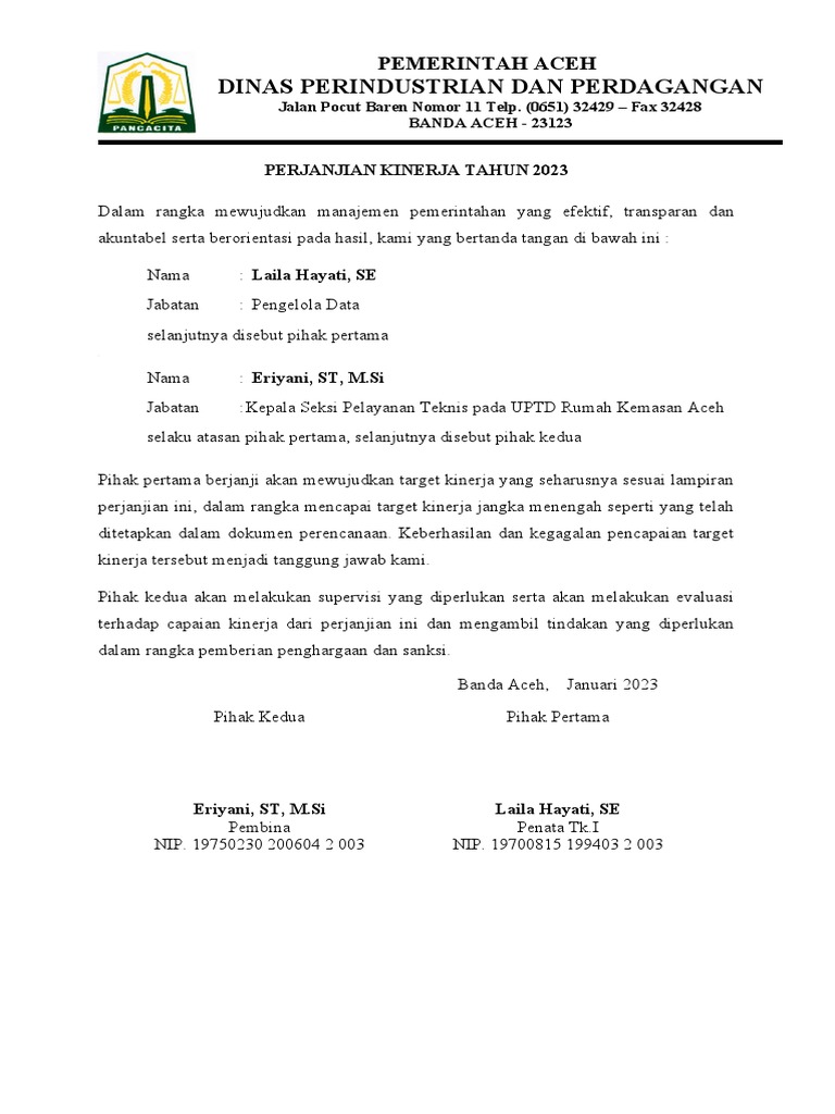 Perjanjian Kinerja 2023 Dinas Perindustrian Aceh | PDF