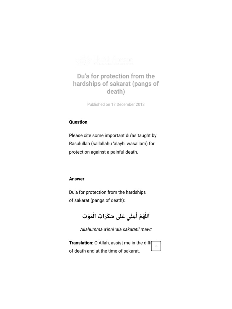 Du'a For Protection From The Hardships of Sakarat (Pangs of Death ...